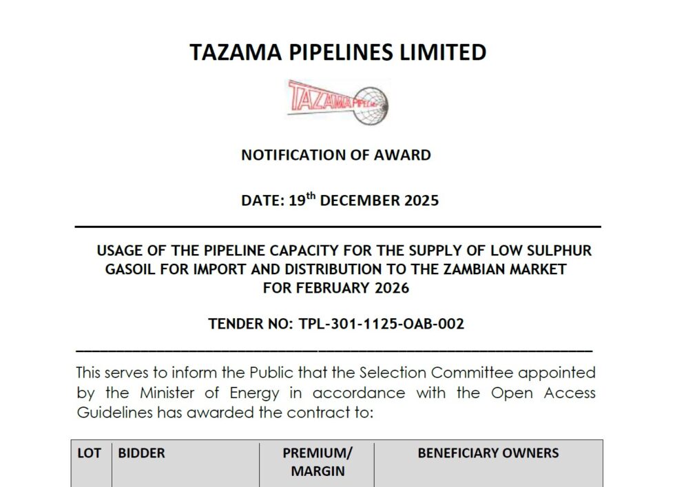 NOTIFICATION OF AWARD FOR FEBRUARY 2026 - TAZAMA Pipelines Limited